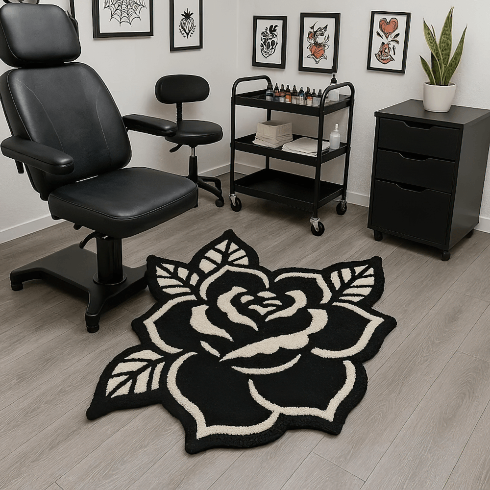 Tapis de zone antidérapant en forme de rose noir et blanc