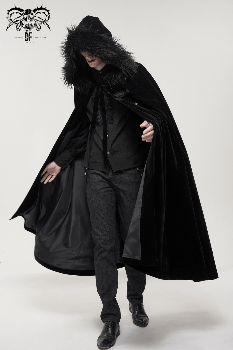 Black Gothic Long Hooded Faux Fur Cloak For Men With Buttons