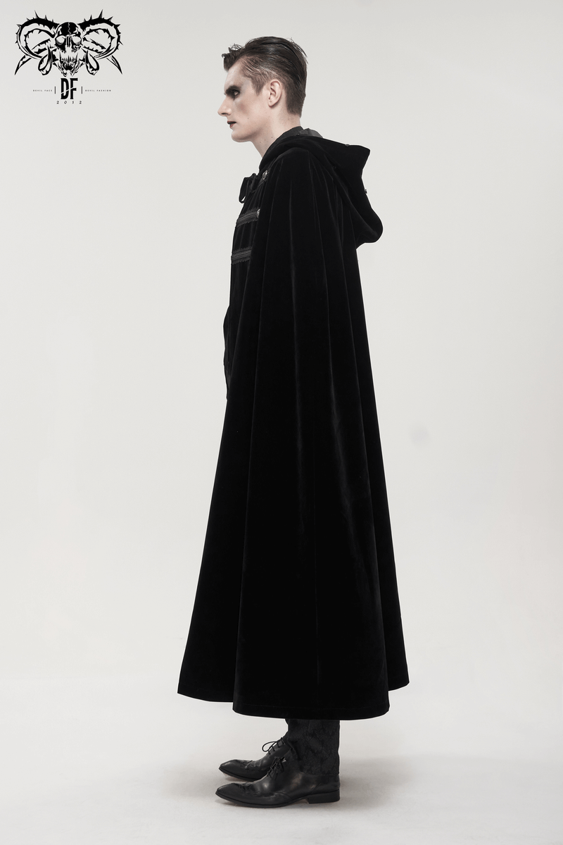 Black Gothic Long Hooded Faux Fur Cloak For Men With Buttons
