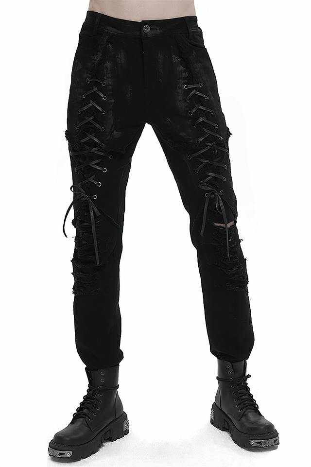 Black Gothic Slim Fitted Pants for Men / Stylish Lace-up on Thigh and ...