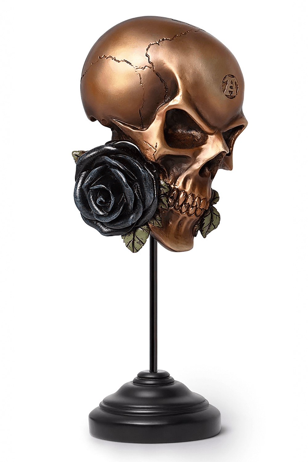 Bronzed Skull with Black Rose Gothic Resin Ornament