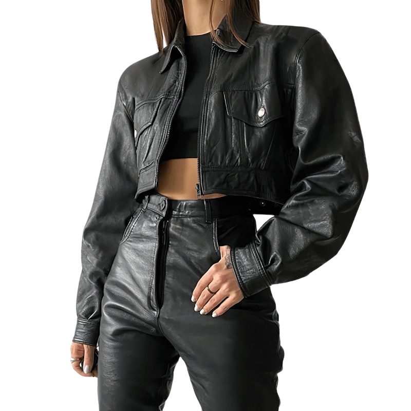 Cool Turn Down Collar PU Leather Cropped Jacket / Fashion Zipper Loose ...