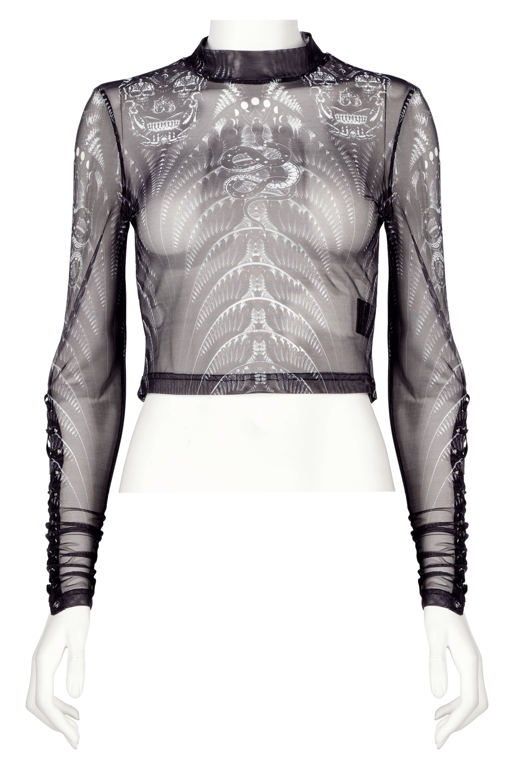 Dark Elegance High Neck Mesh Top with Skeleton Print