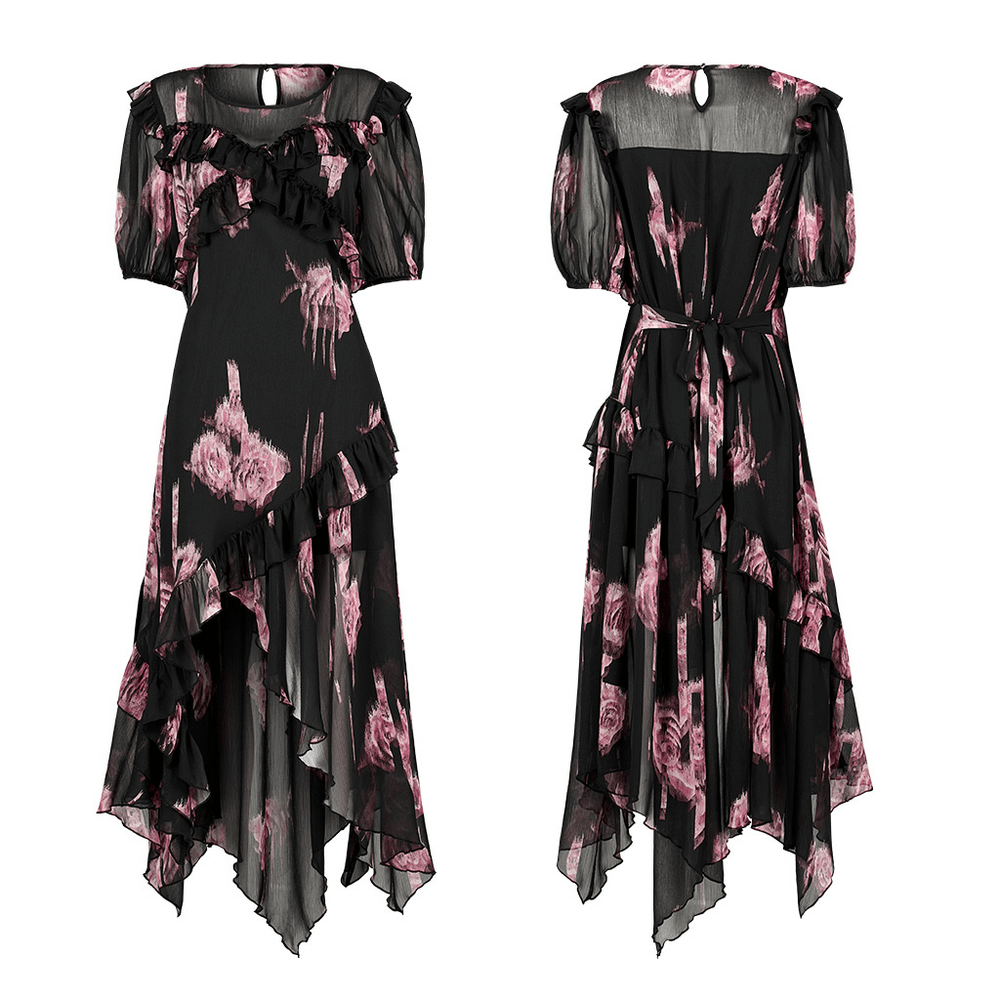 Elegant Black Floral Ruffled Punk Rave Gothic Dress