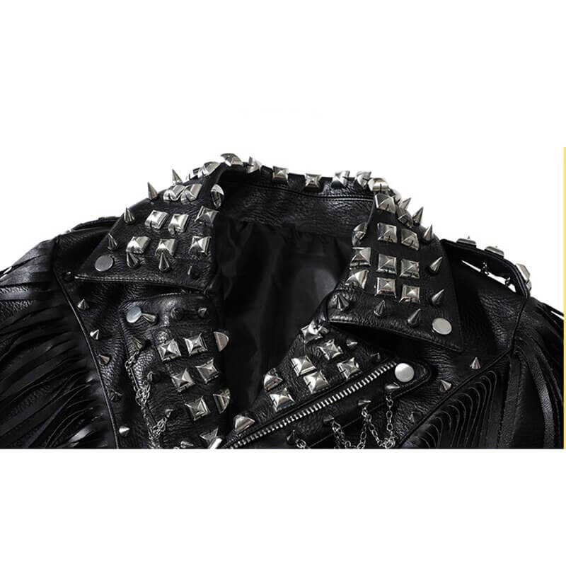 Fashion Ladies PU Leather Jacket with Rivets and Chain