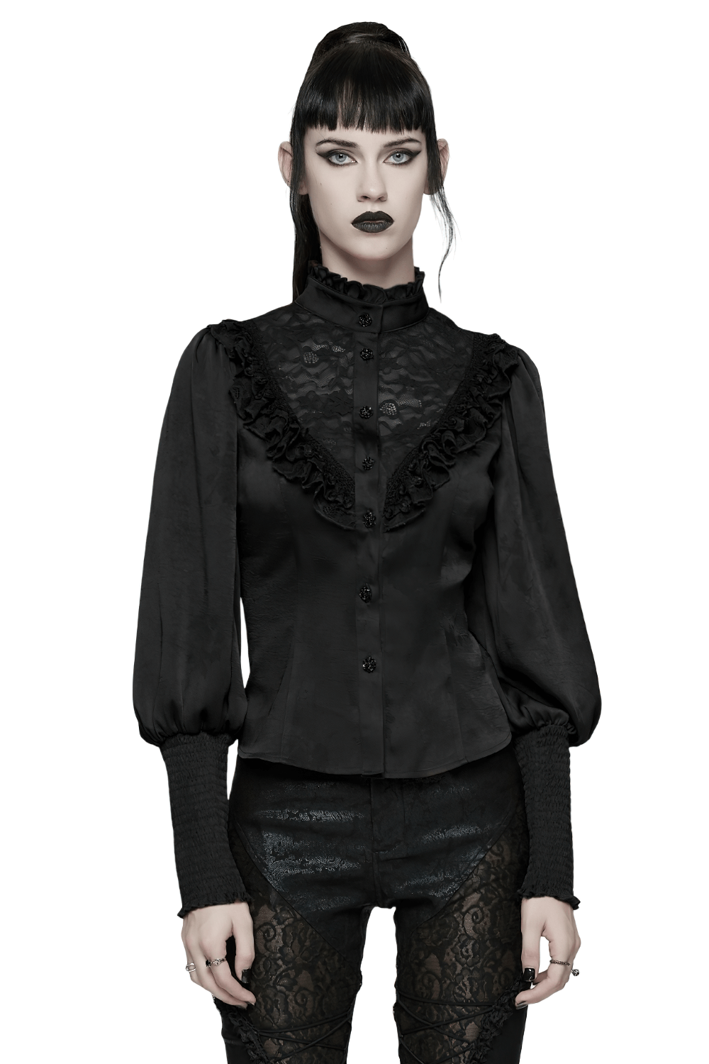 Goth Rose-Patterned Blouse with Lace Details and Ruffles