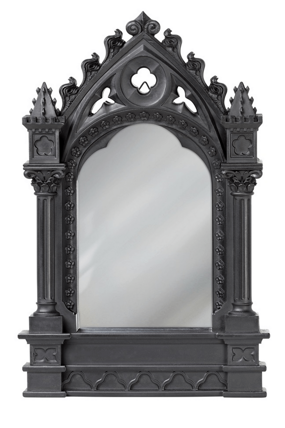 Gothic Cathedral-Style Mirror with Ornate Black Resin Frame