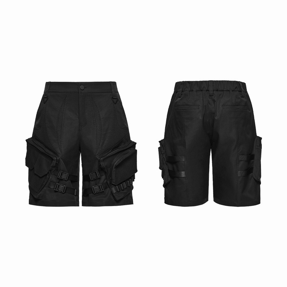 Men's Black Cyberpunk Cargo Shorts with Buckle Straps